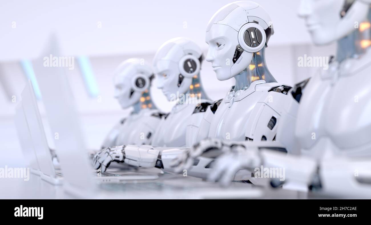 Four Robots working with laptop. 3D illustration Stock Photo - Alamy