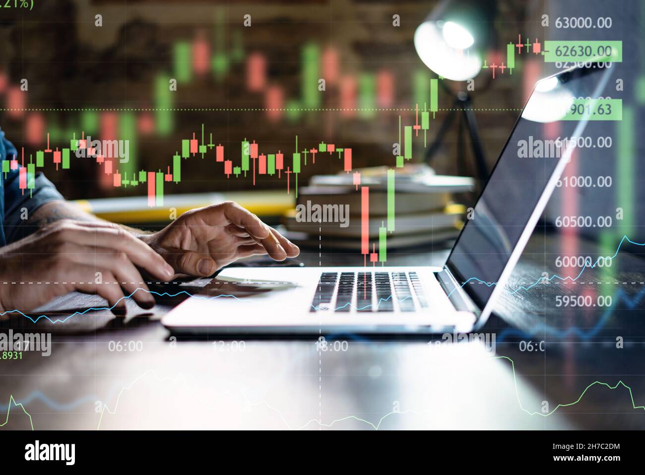 Trader at home, working on laptop with graphs and diagrams. Business ...