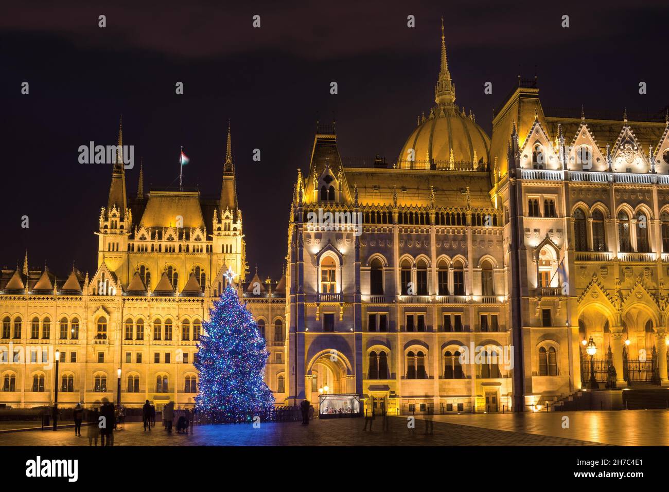 Christmas tree against Hungarian Parliament at night Stock Photo - Alamy