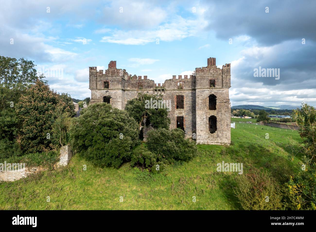 Aerial view of the historic town of Raphoe and the castle remains in ...