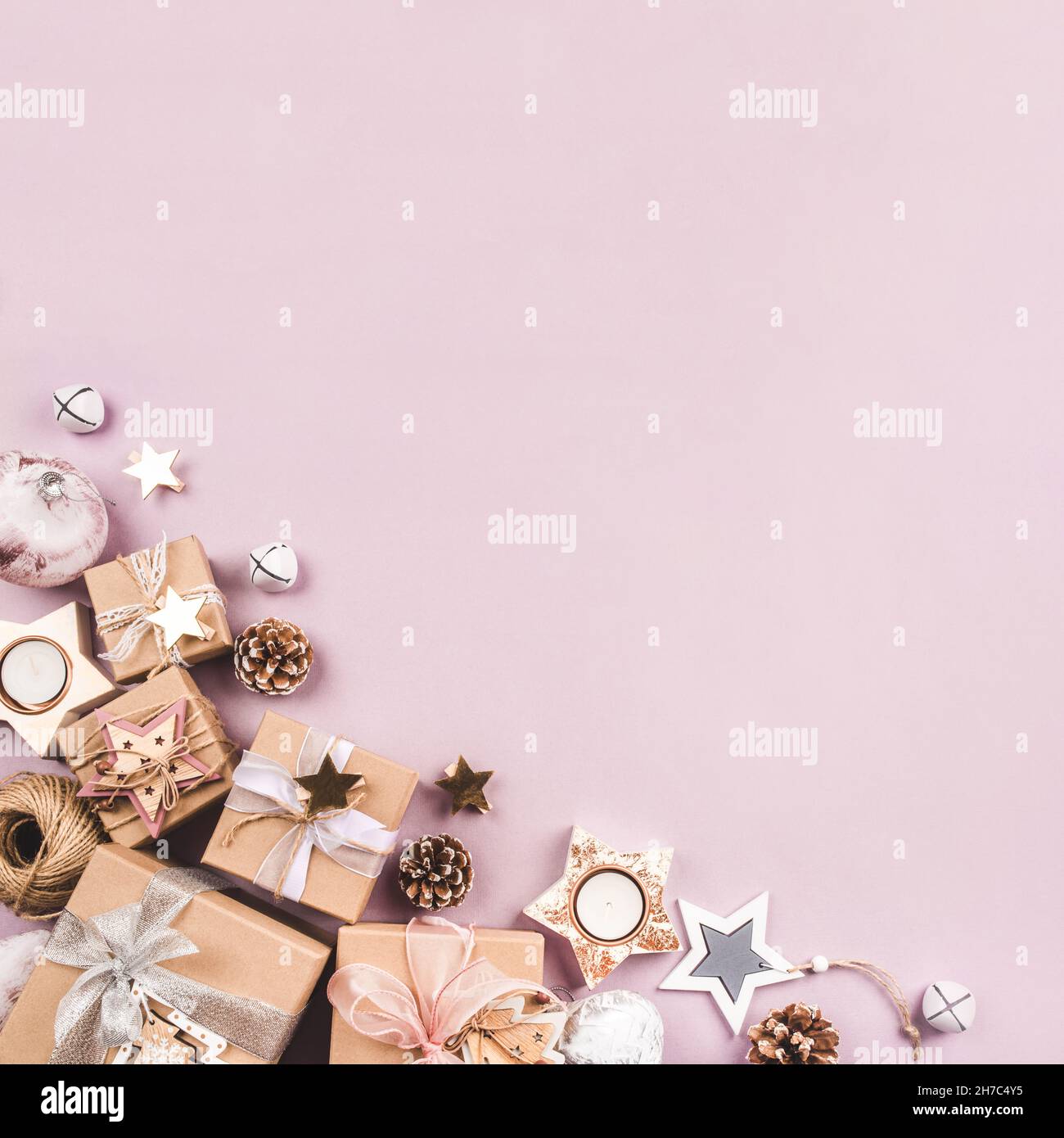Festive Christmas background with gift boxes and Christmas decorations ...