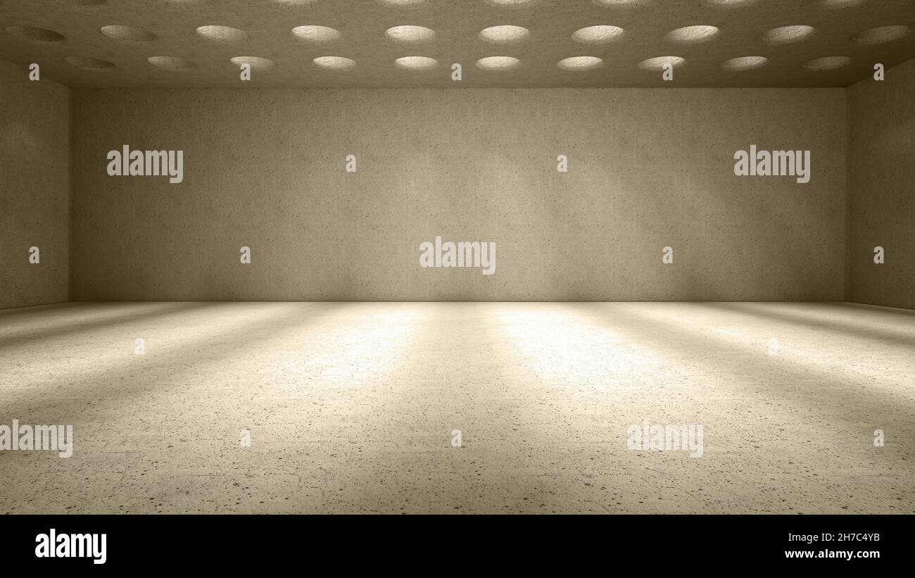 Light shine through round holes on ceiling casting shadows. Beige ...