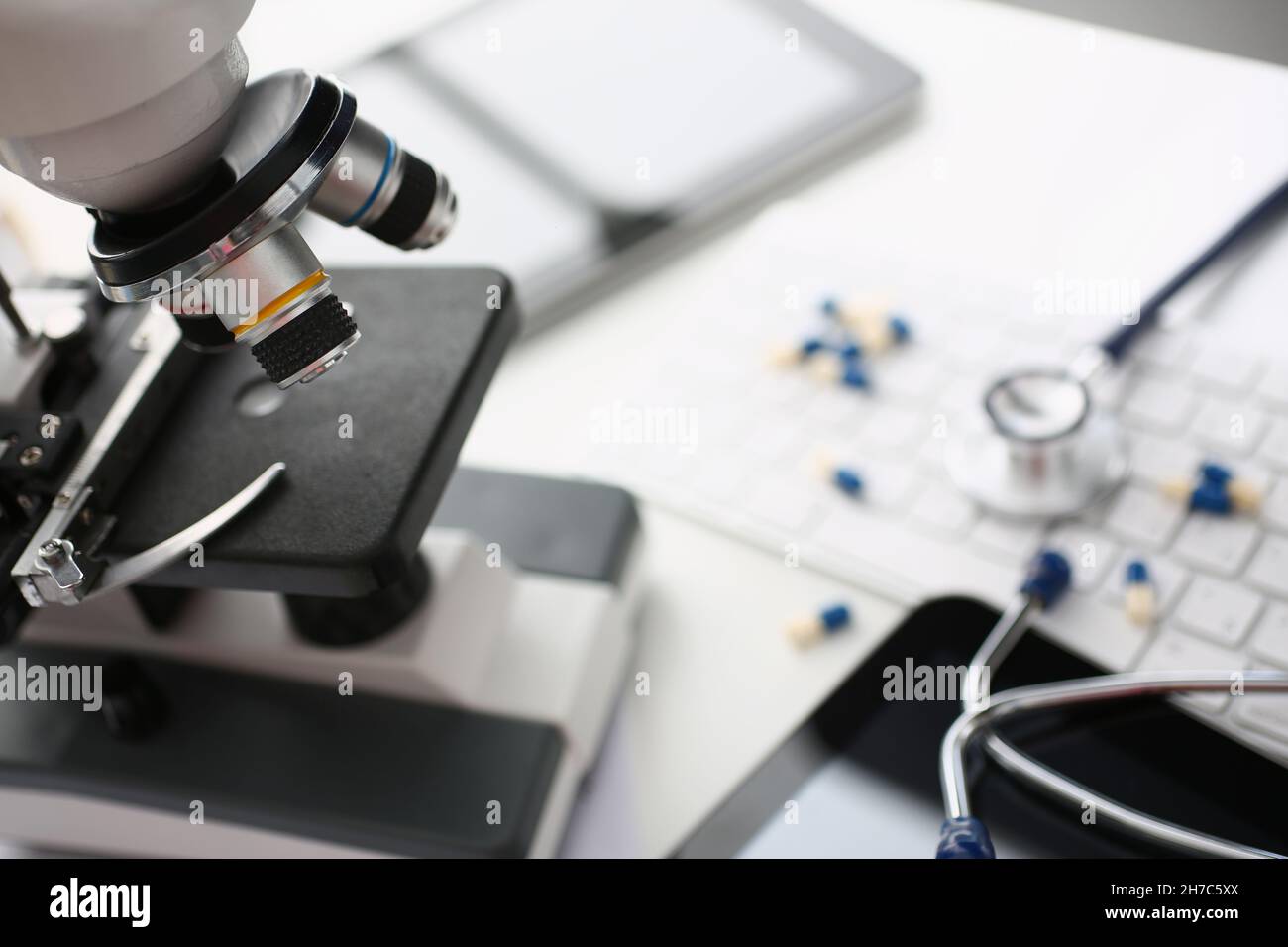 Modern microscope in biological laboratory for science investigations ...