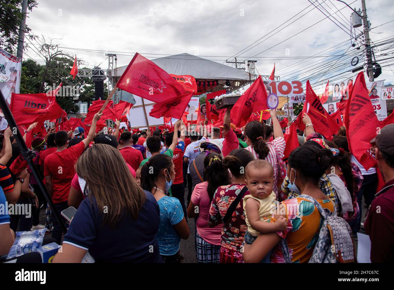 San Pedro Sula, Honduras. 20th Nov, 2021. A crowd of supporters raises ...