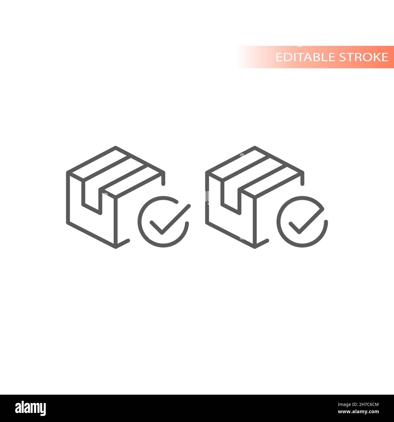 Delivery box with check mark line vector icon. Parcel and checkmark outline symbol, editable ...