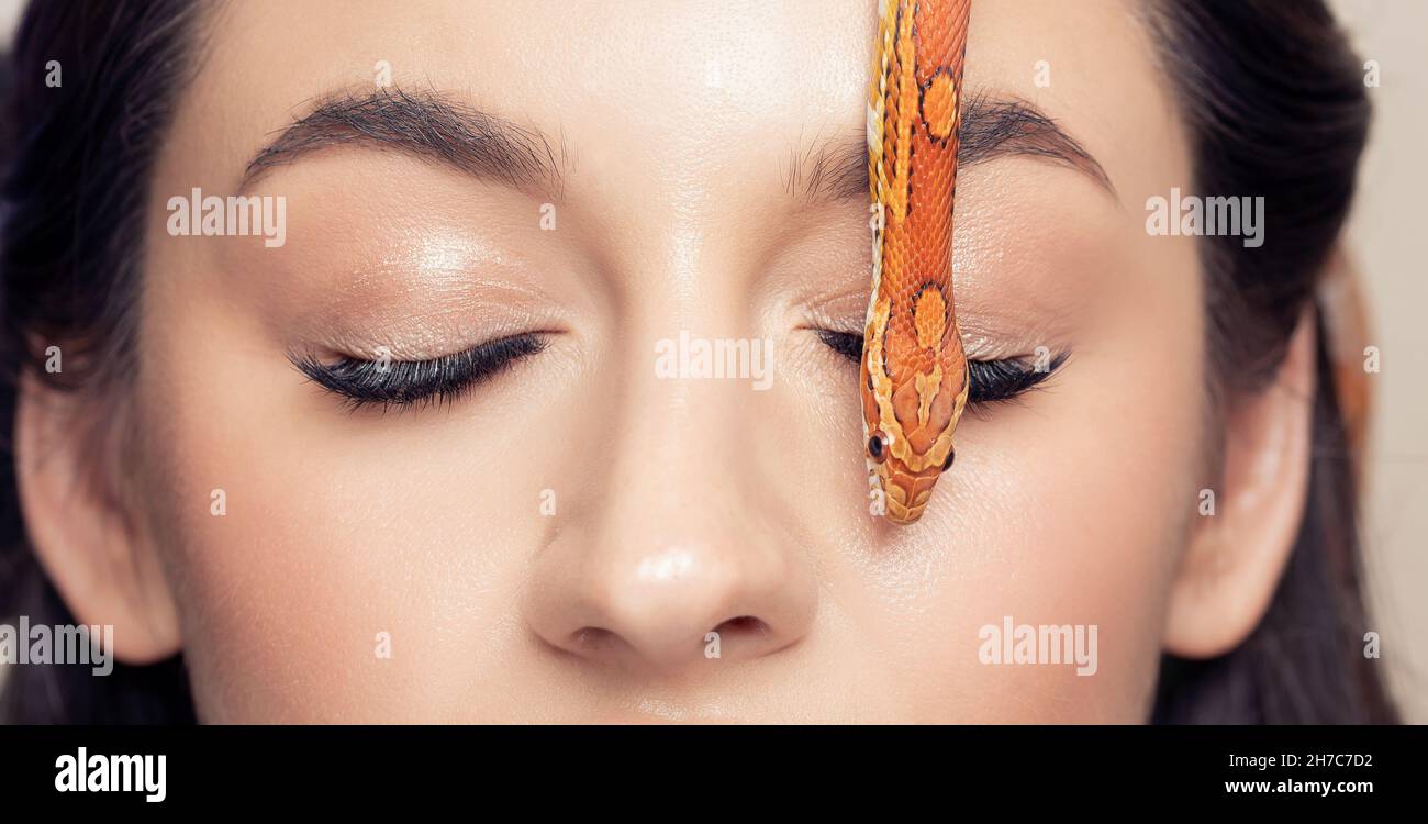 Eyelash extension concept banner. Face of young woman with snake ...
