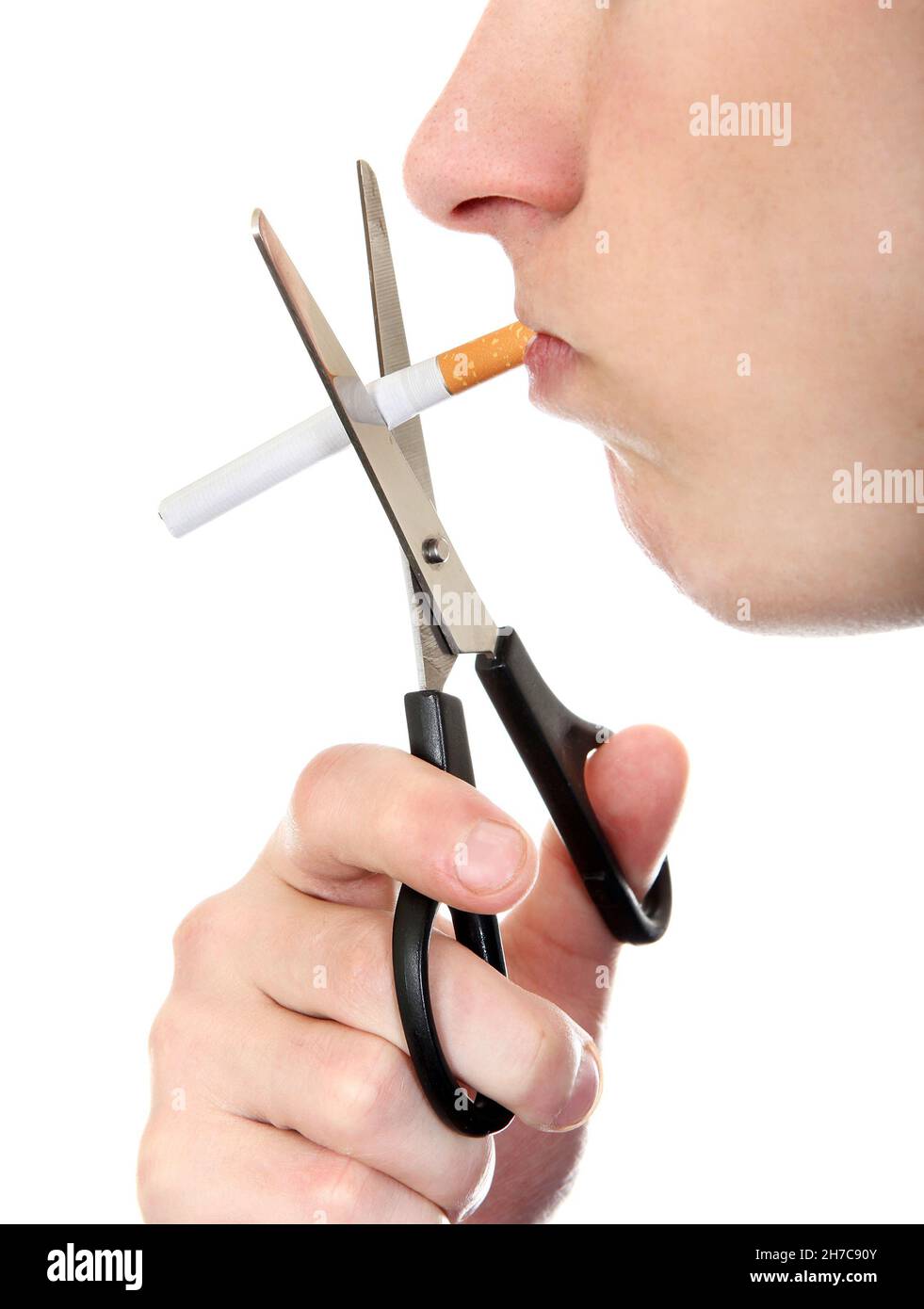 Person cutting a Cigarette with Scissors Closeup on the White ...