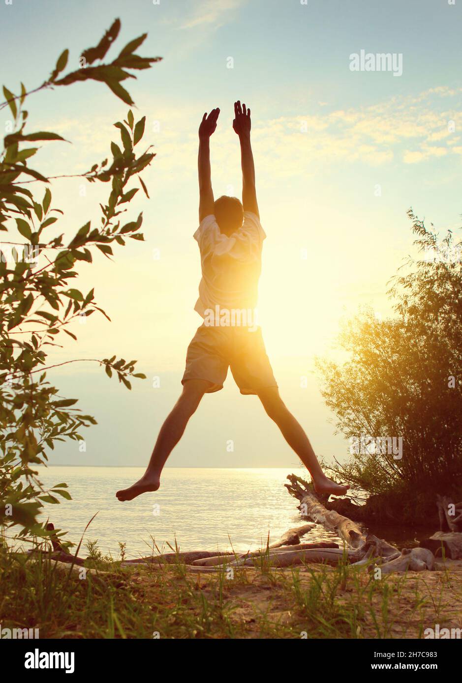Happy Man Jumping Nature
