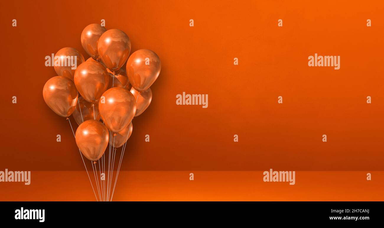 Orange balloons bunch on orange wall background. Horizontal banner. 3D ...