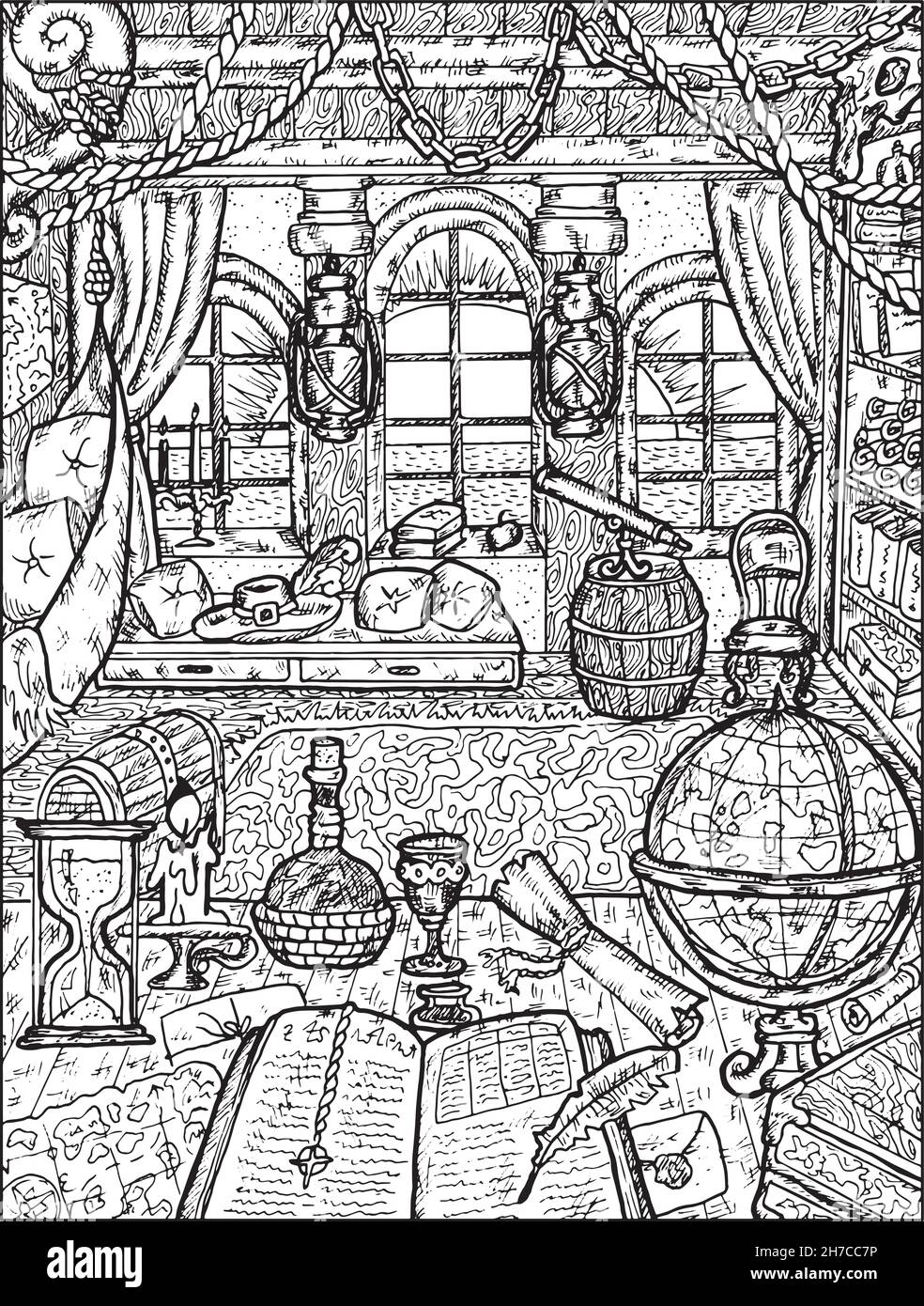 Black and white illustration of captain or sailor room with illuminator ...