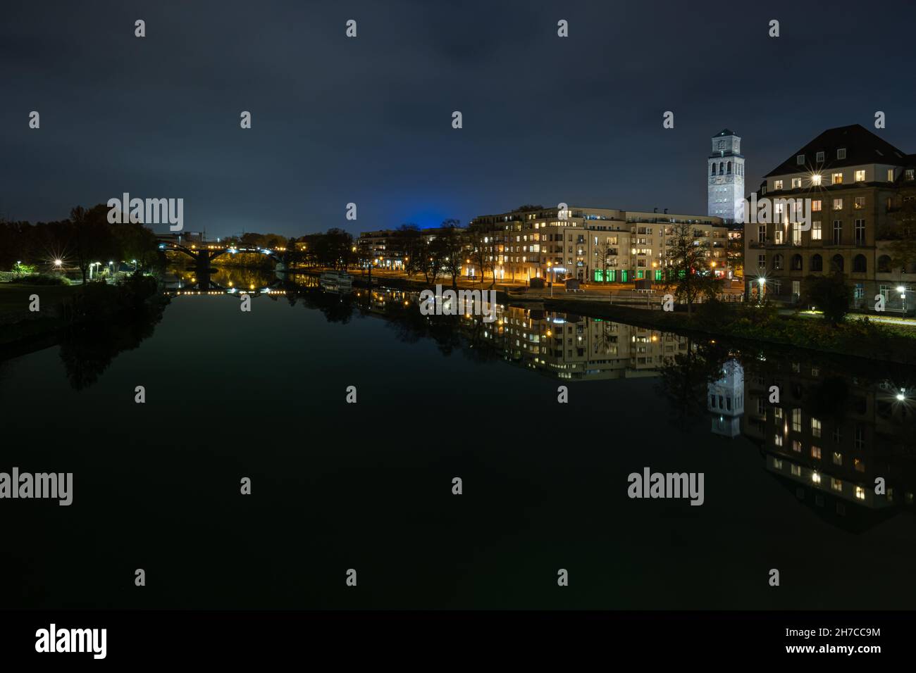 Panorama view of the city of Mülheim an der Ruhr in Germany at night ...