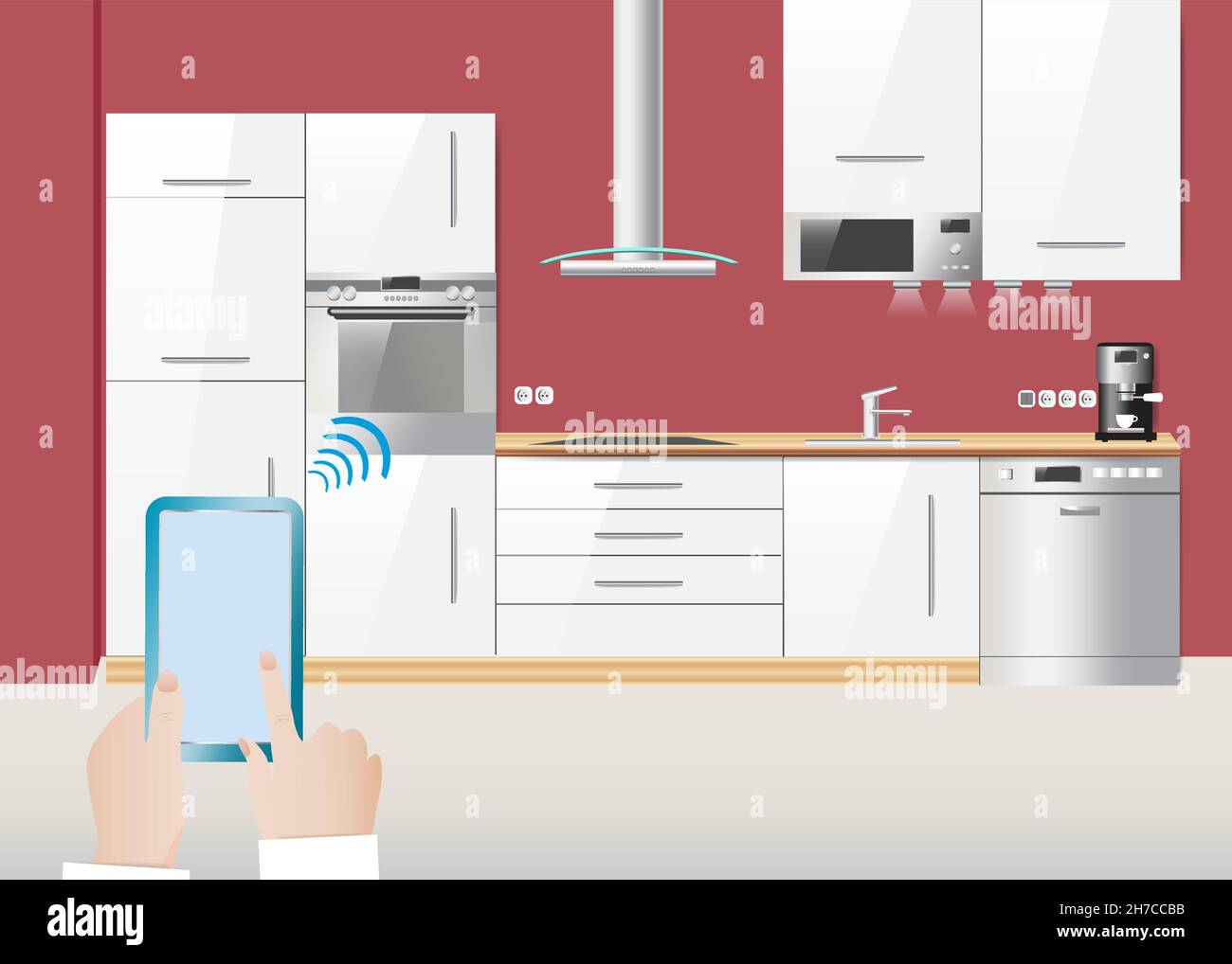 Smart kitchen concept vector showing empty kitchen and hand holding ...