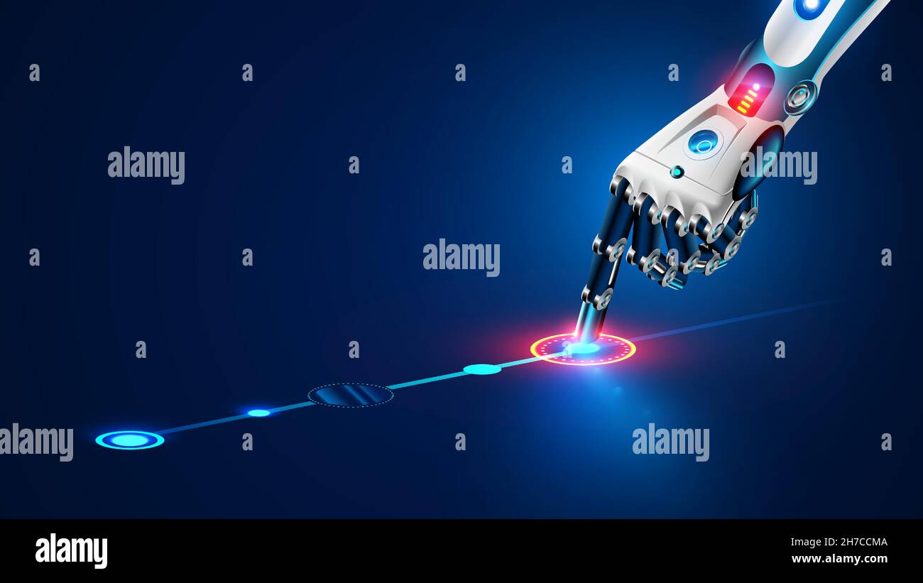 The robot mechanical arm or hand presses the index finger on the button ...