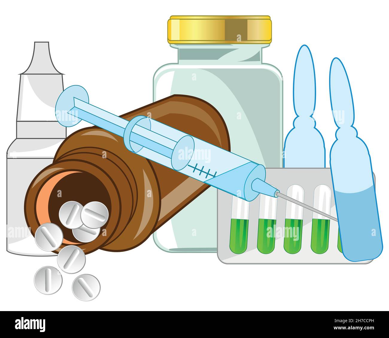 Phial with tablet and syringe on white background is insulated Stock ...