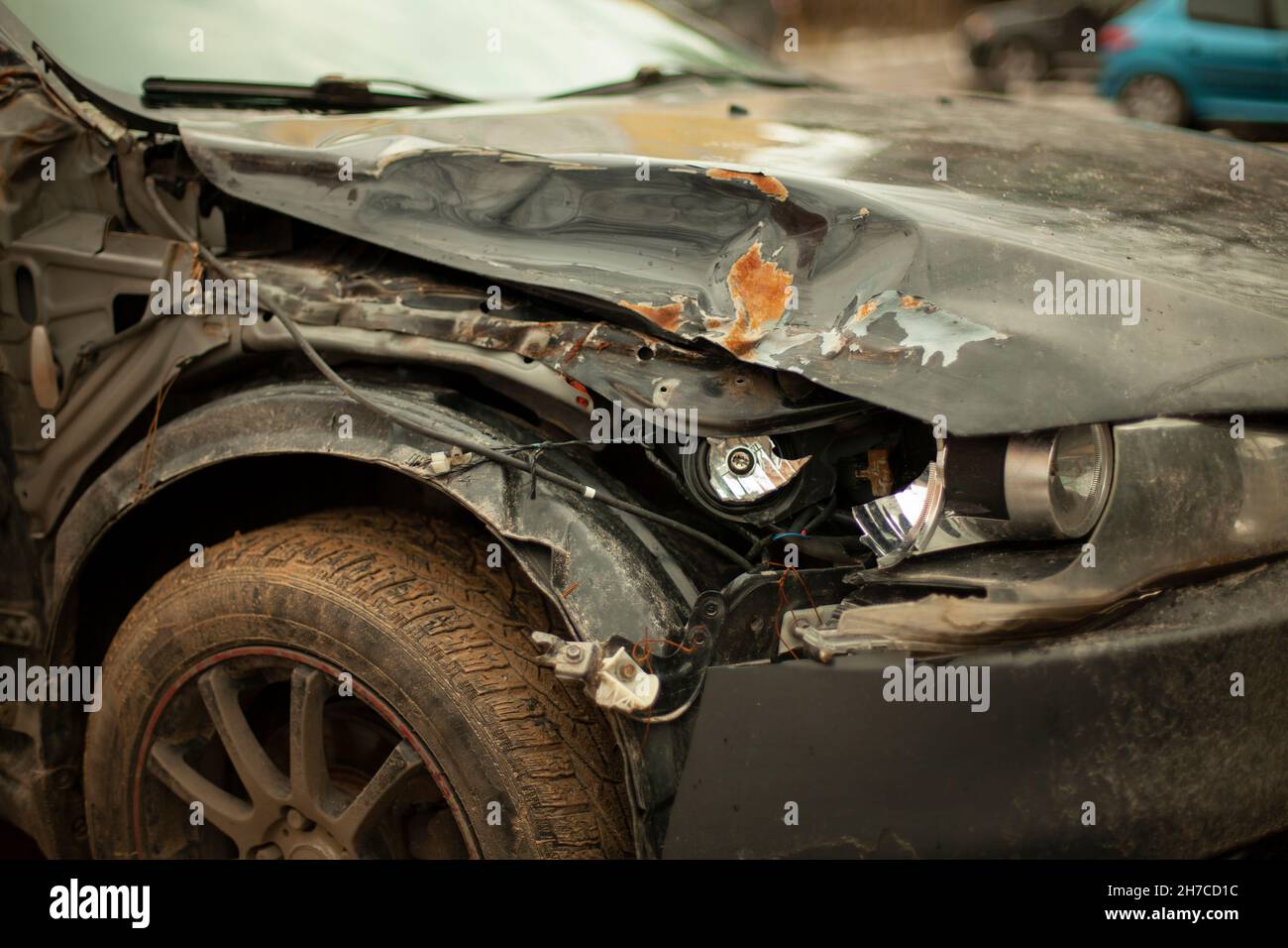 Smashed in front of the car. Transport after the accident. Damaged car ...