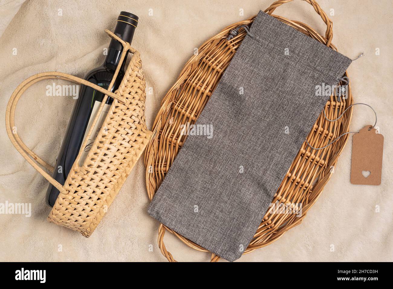 Flat lay simple mockup gray wine bag and wine bottle Stock Photo - Alamy