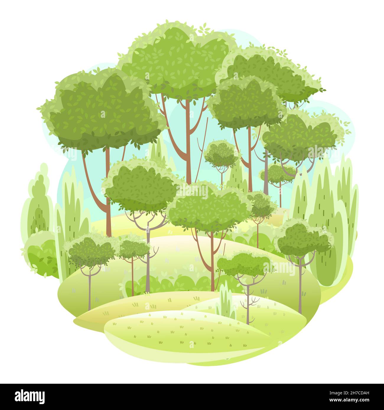 Amusing beautiful forest landscape. Cartoon style. Bushes. Grass hills ...