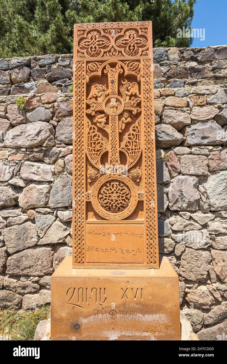 26 May 2021, Geghard, Armenia: Ancient traditional carved khachkar or ...