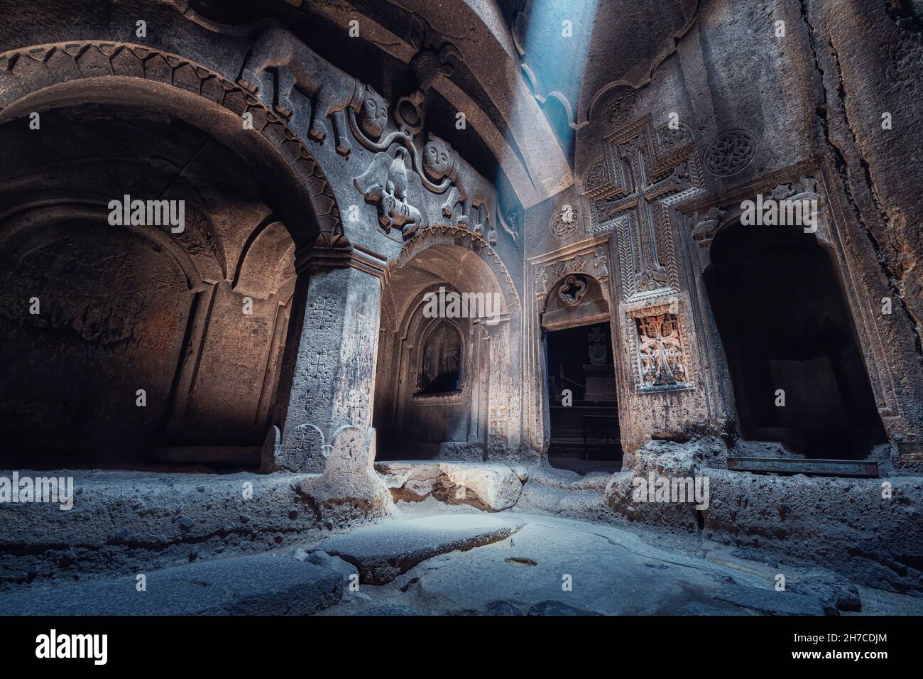 Interior of the famous Geghard Monastery and church carved into the ...