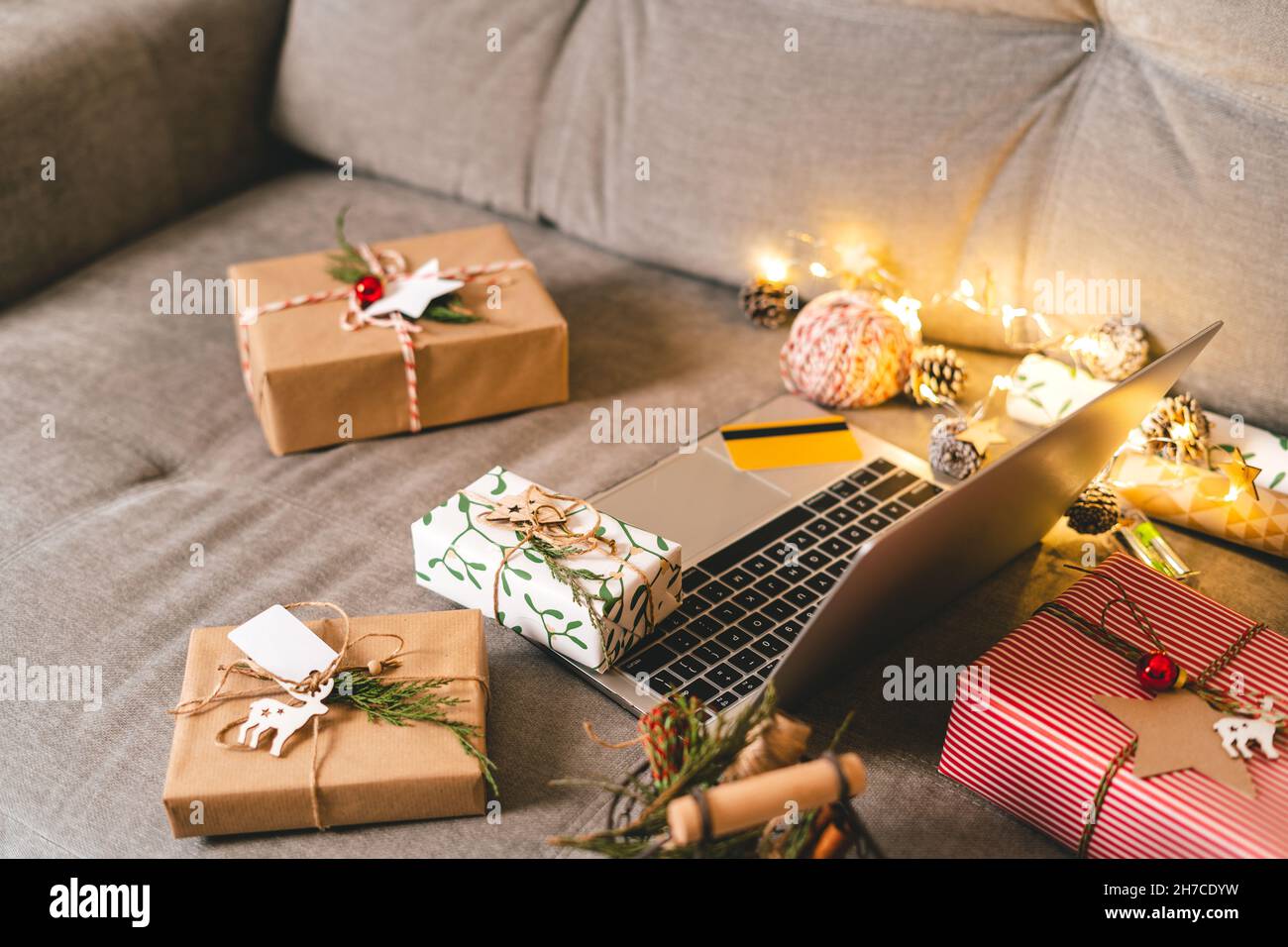 Online shopping at Christmas holidays. Gifts, and mock up screen laptop ...