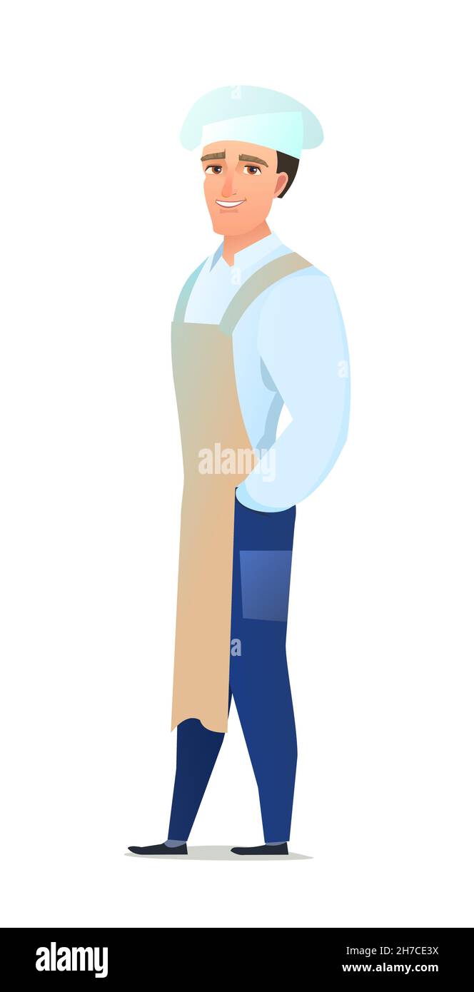 Male cook in overalls. Guy from kitchen in an apron. Cheerful person ...