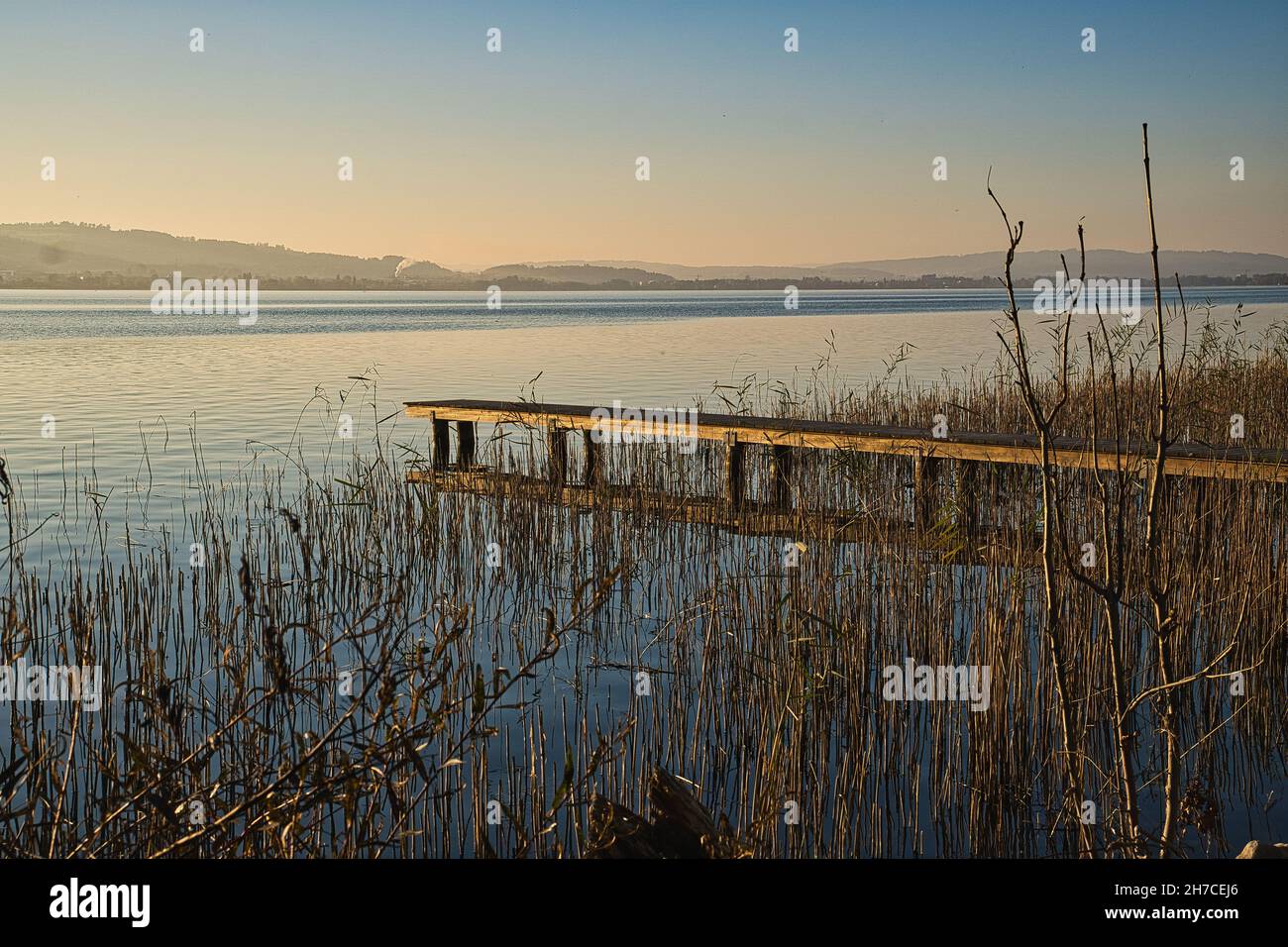 Wooden deck at the shore of a lake in Sempach, Switzerland, surrounded ...