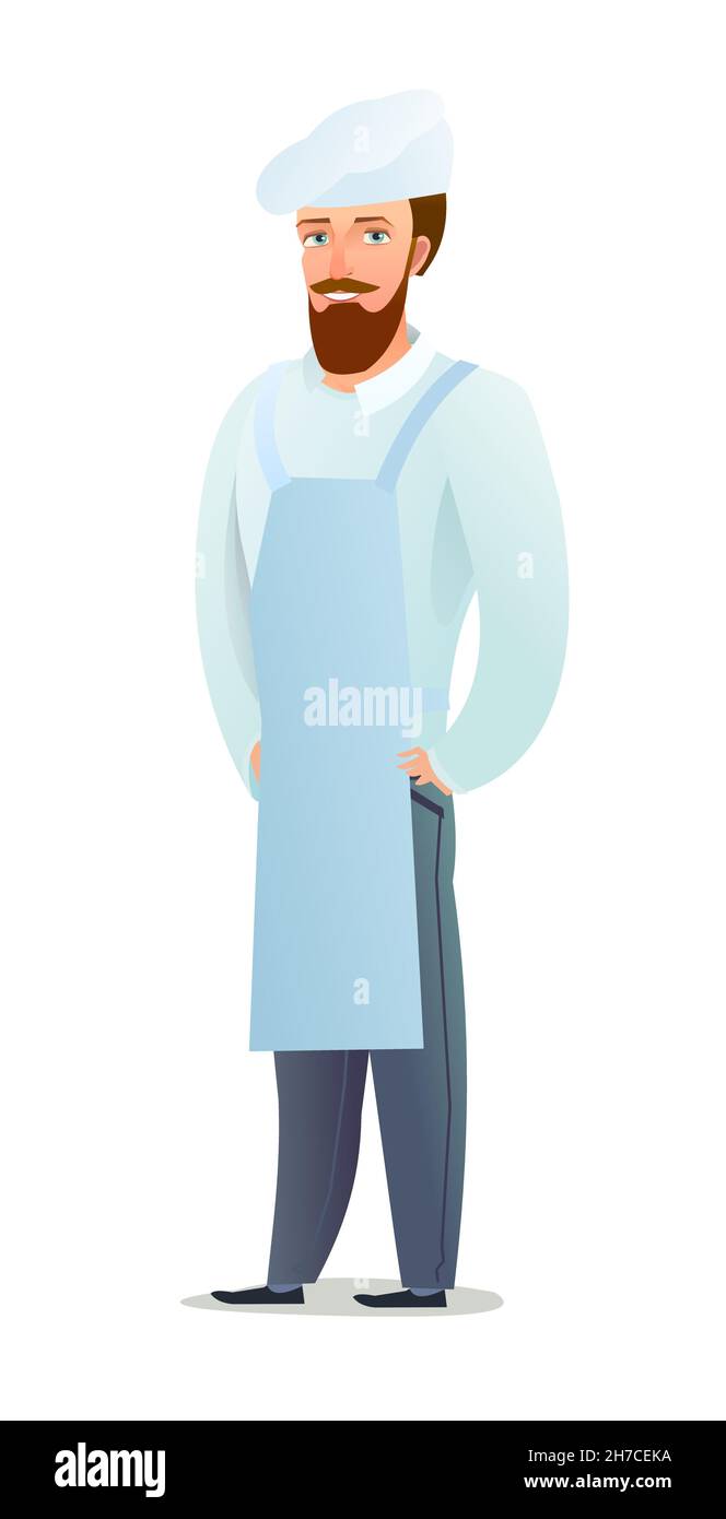 Male cook in overalls. Guy from kitchen in an apron. Cheerful person ...