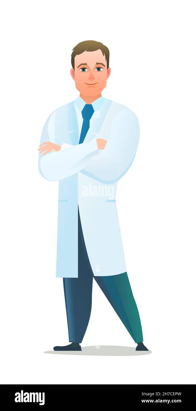 Optimistic doctor in dressing gown. Cheerful persons in standing pose ...