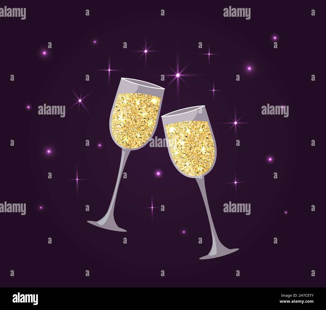 Two shiny, glasses of champagne clink. Glitter design. Sparkling wine isolated. Romantic date or ...