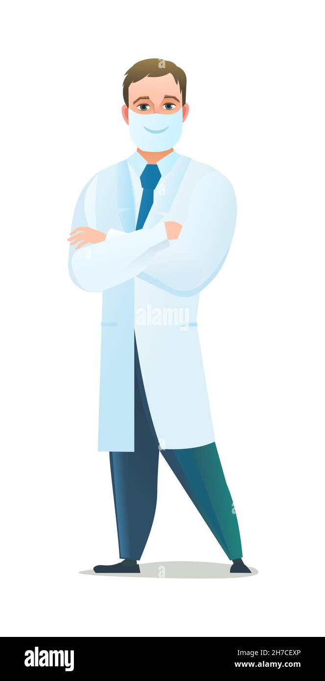 Optimistic doctor in dressing gown and humor mask. Cheerful persons in ...