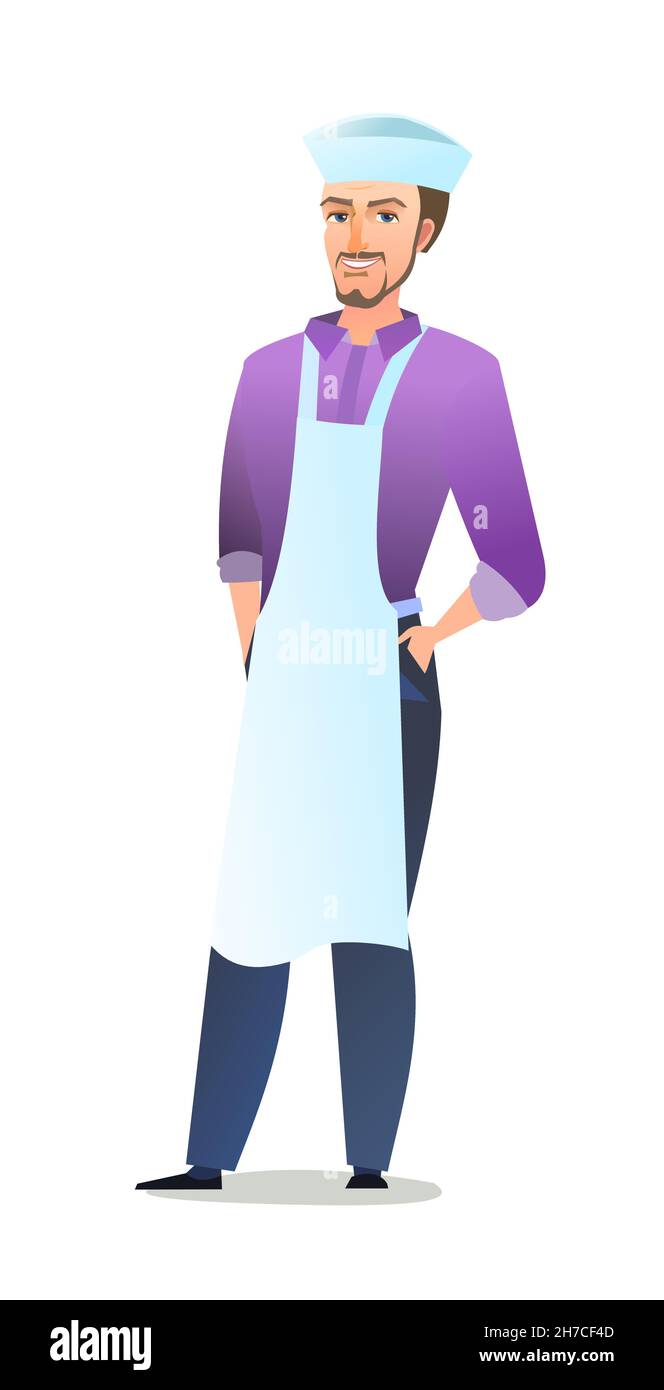 Male cook in overalls. Guy from kitchen in an apron. Cheerful person ...