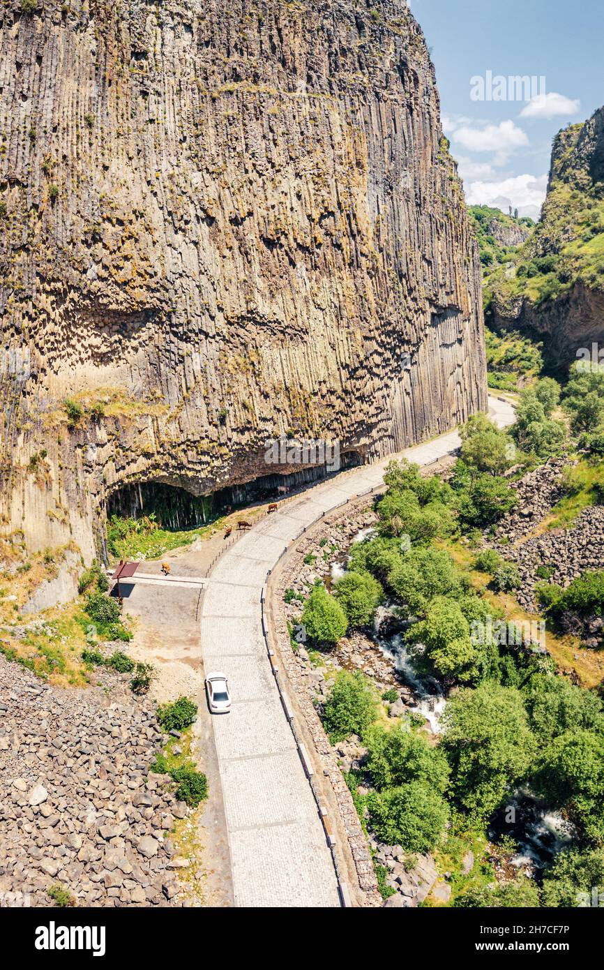 Car road and a pedestrian path leading to majestic gorge of Azat river ...