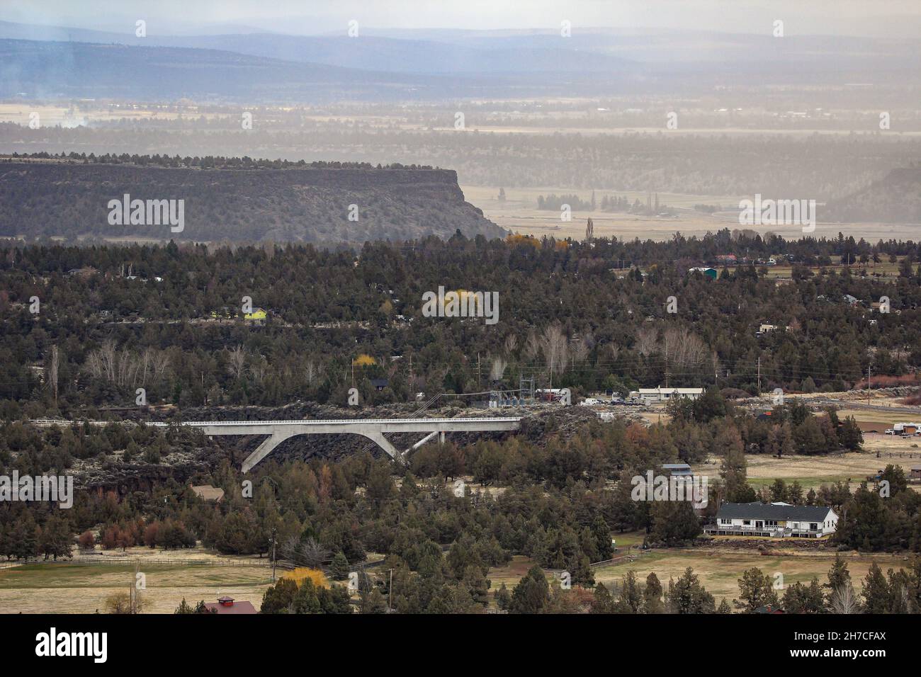 View of a Terrebonne from Smith Rock State Park with bridge, buildings ...