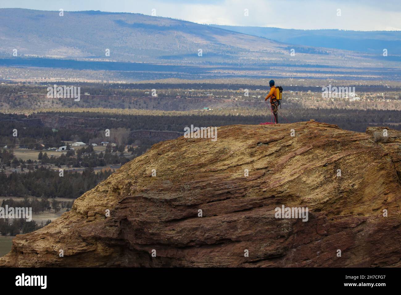 View of a climber on a Monkey Face at Smith Rock State Park, Oregon ...