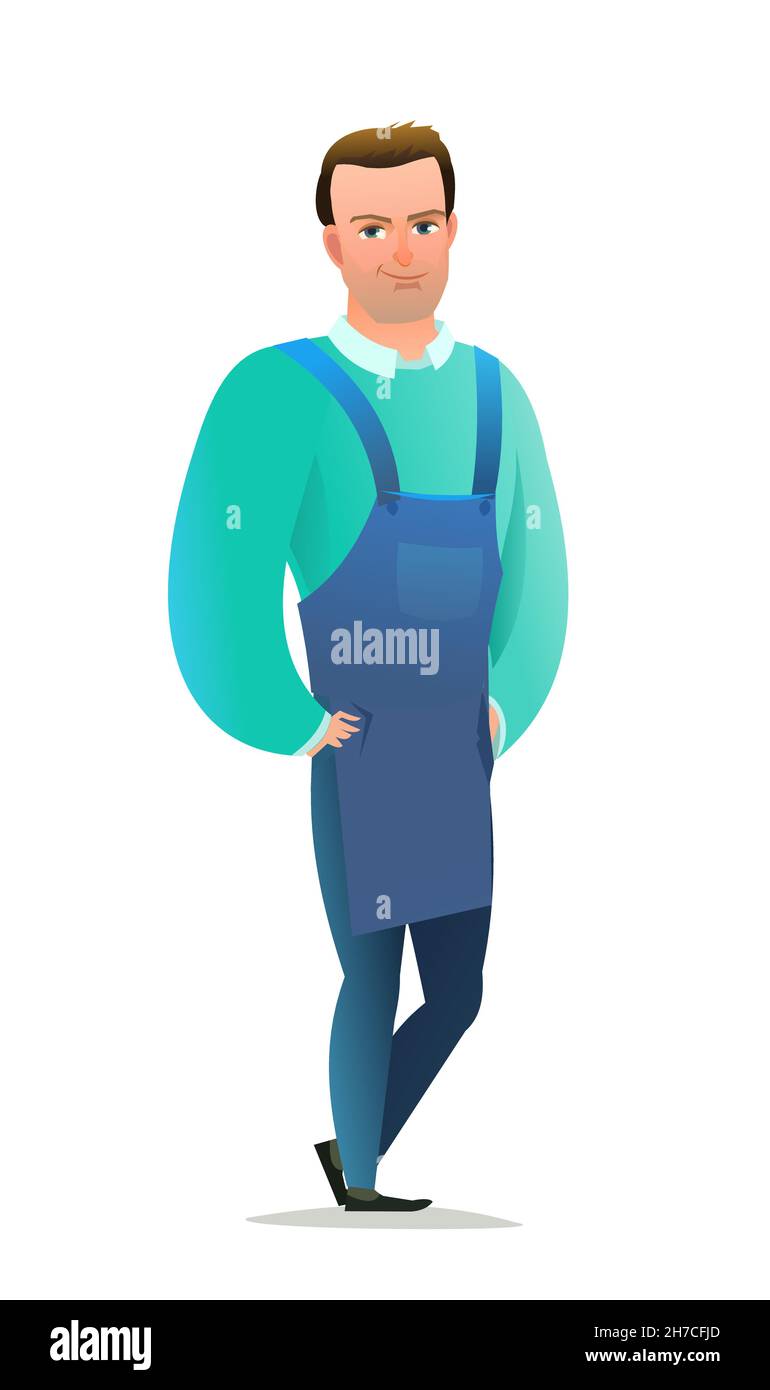 Man craftsman or artist. Guy in apron. Master in workwear. Cheerful ...