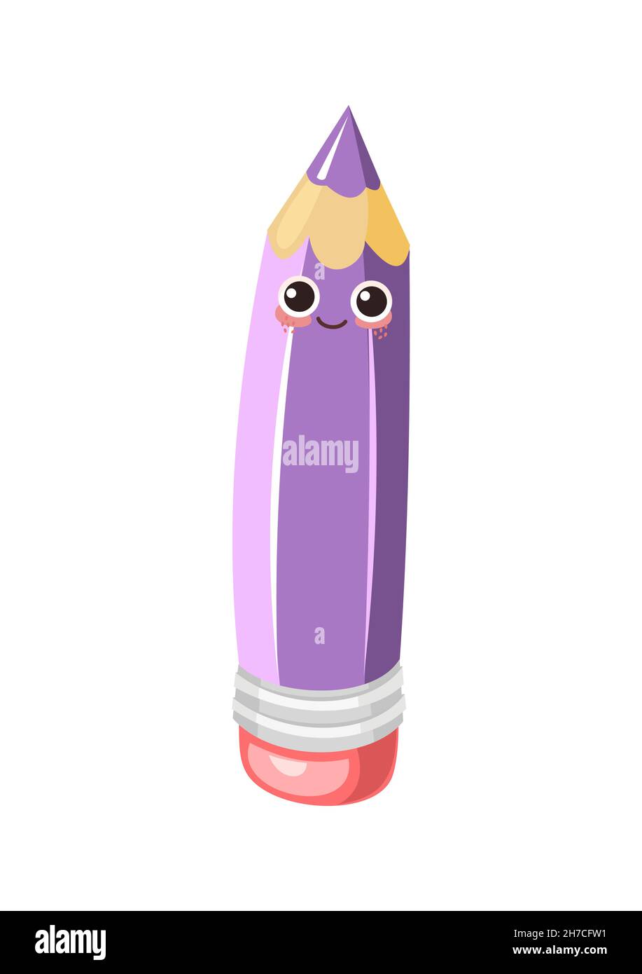 Purple pencil with eraser. Cheerful cute cartoon character. The object ...