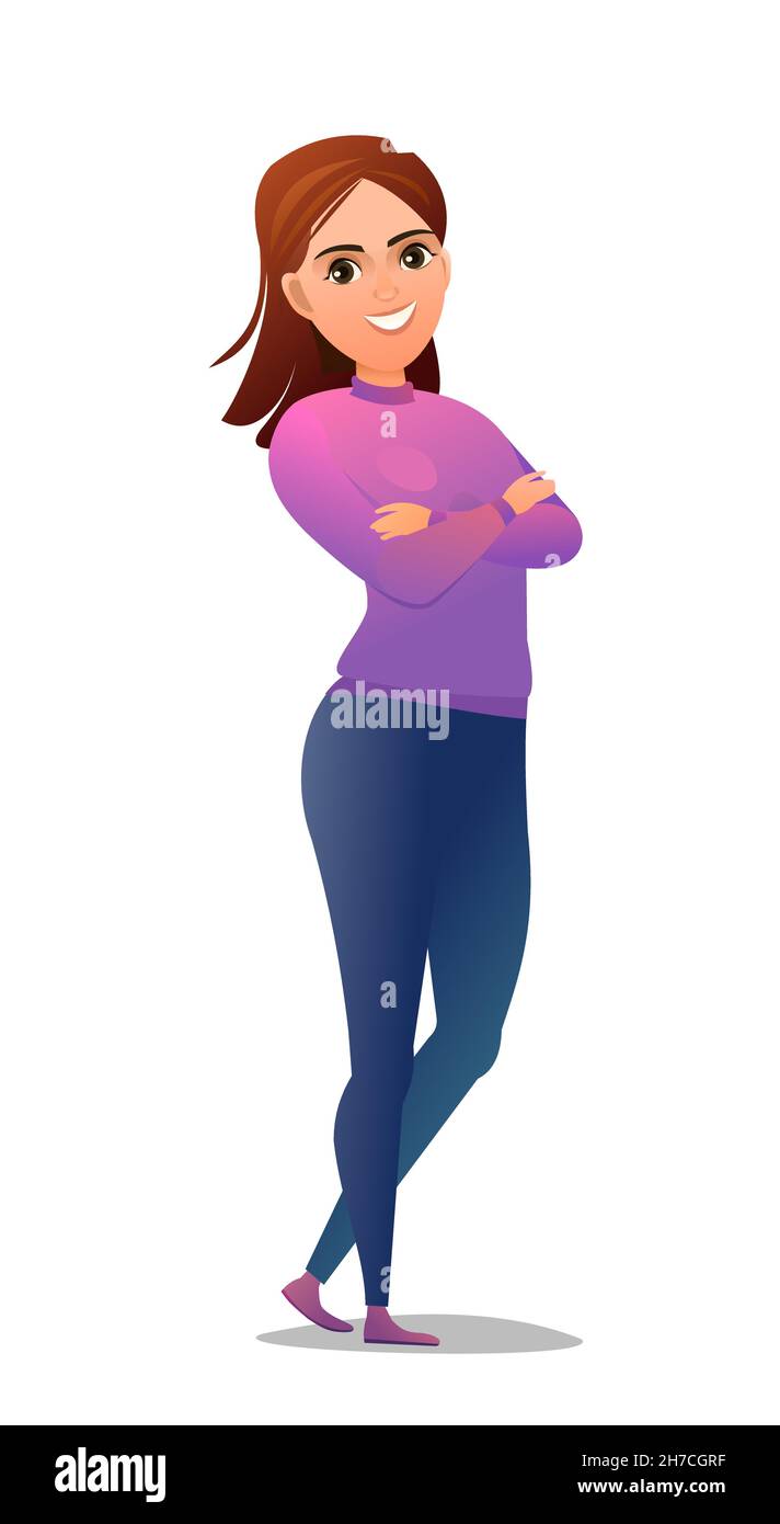 Handsome woman in pants and sweater. Cheerful middle aged girl ...