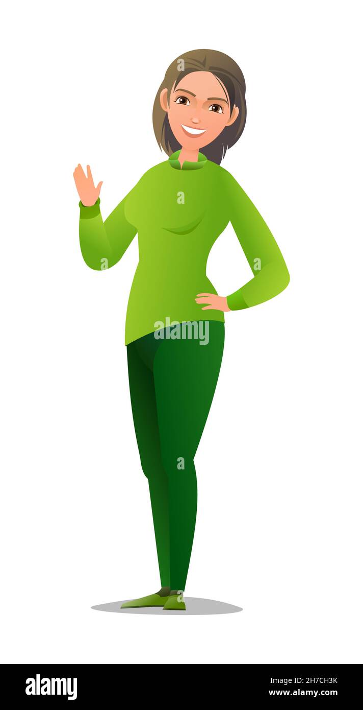 Handsome woman in pants and sweater. Cheerful middle aged girl ...