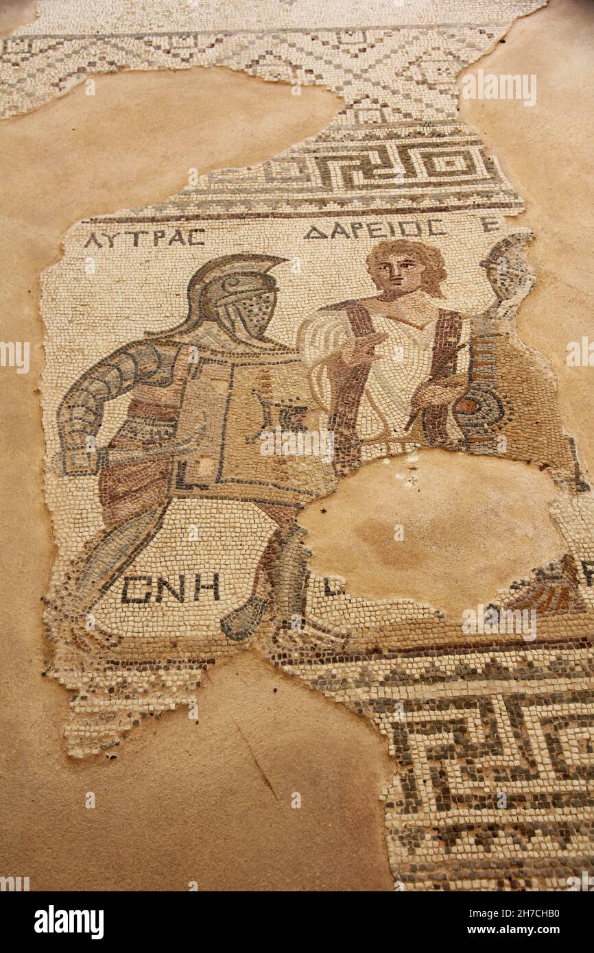 Vertical shot of an old ancient mosaic floor of greek warriors in ...