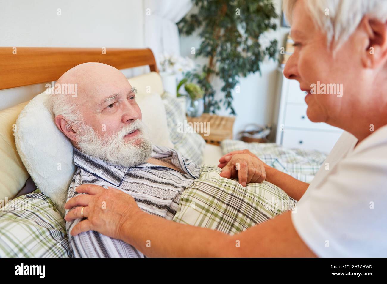 Elderly Nurse Looks After And Comforts Sick Senior Citizens In Bed In