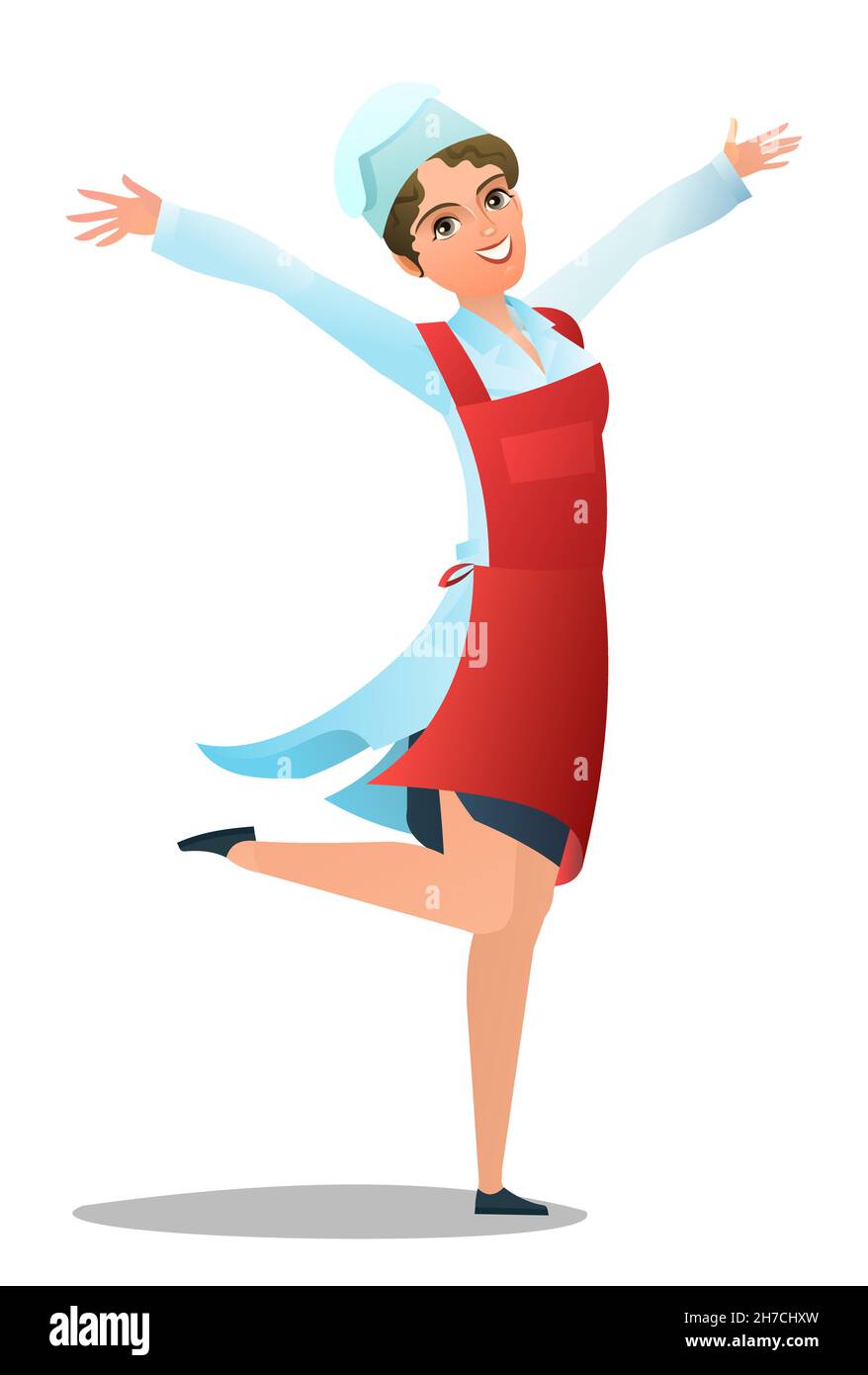 Female cook in overalls. Girl from kitchen in an apron. Cheerful person ...