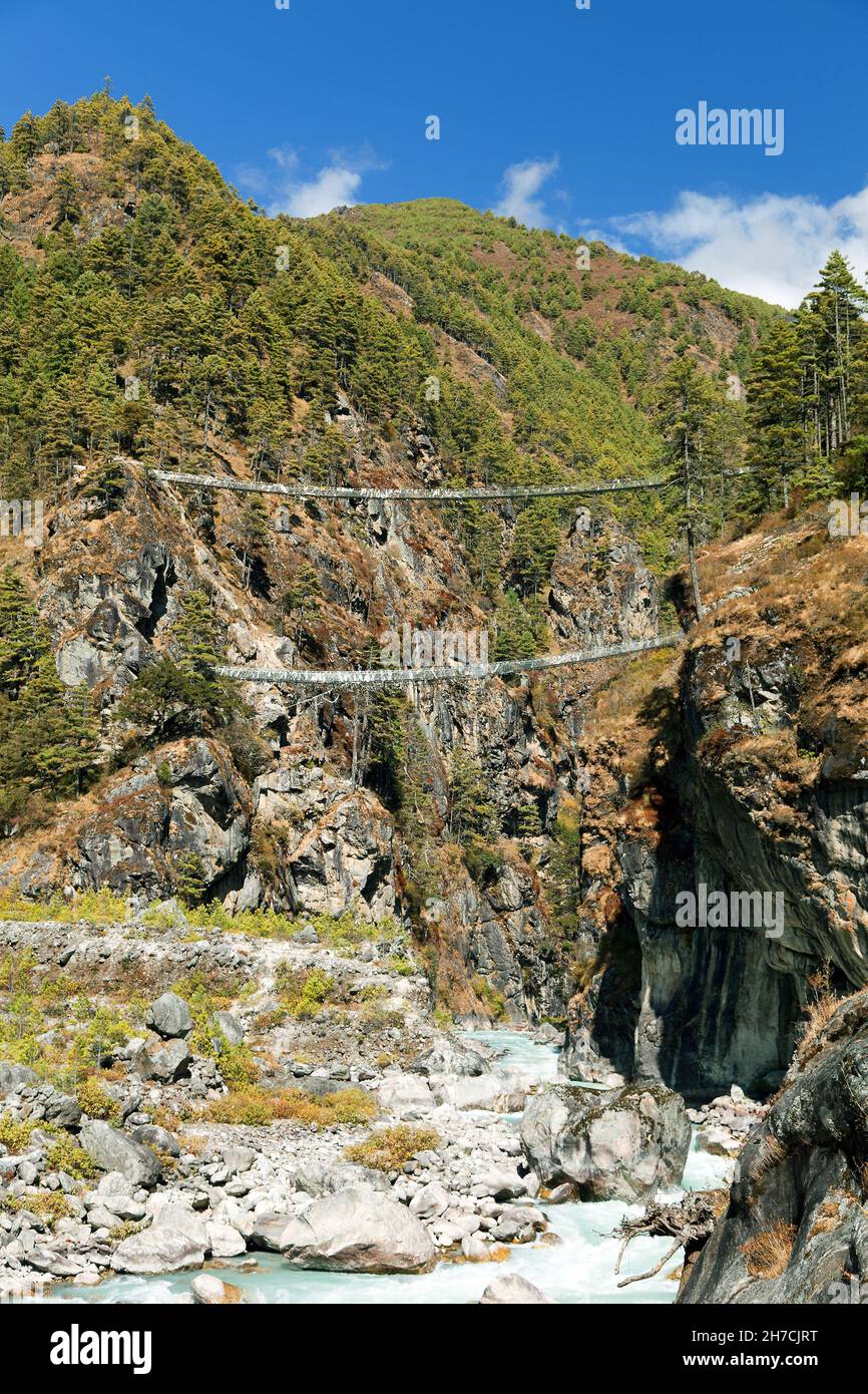 Two rope hanging suspension bridges in Nepal Himalayas under Namche ...