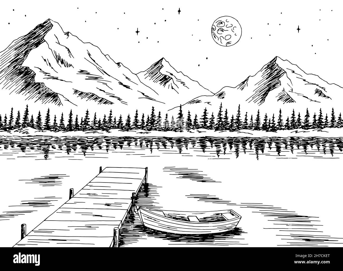 Lake boat graphic black white night mountain landscape sketch ...