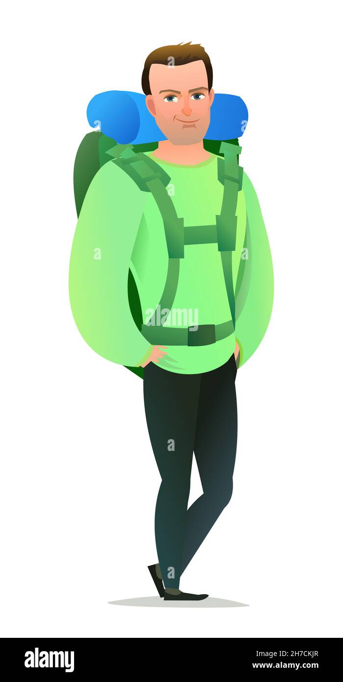 Man tourist backpacker. Guy with backpack on his back. Cheerful person ...