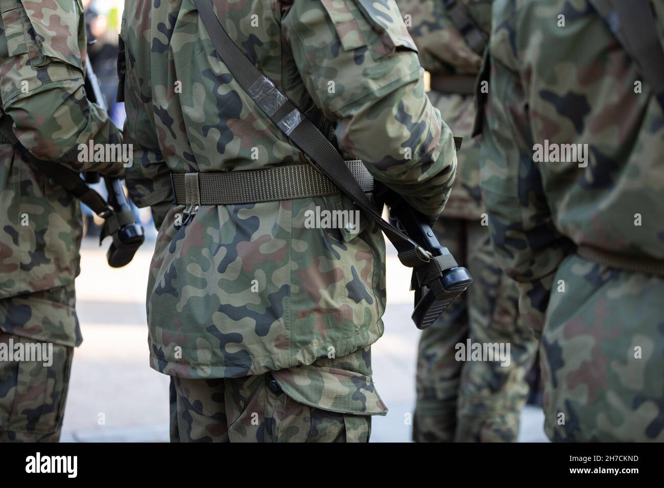 Rear view of soldiers standing in several ranks with weapons Stock ...