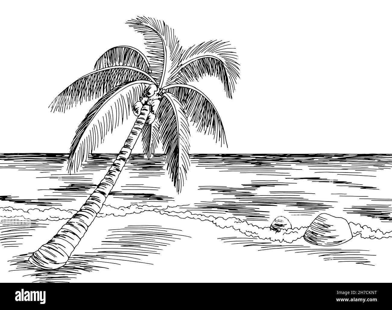 Sea coast graphic beach black white landscape sketch illustration ...