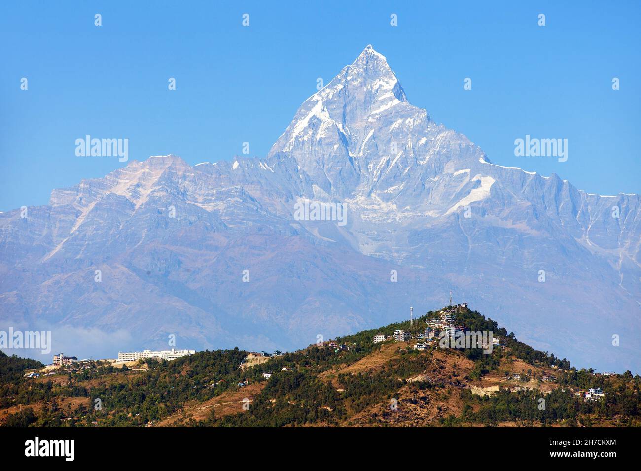 blue colored view of mount Machhapuchhre, Annapurna area, Nepal ...