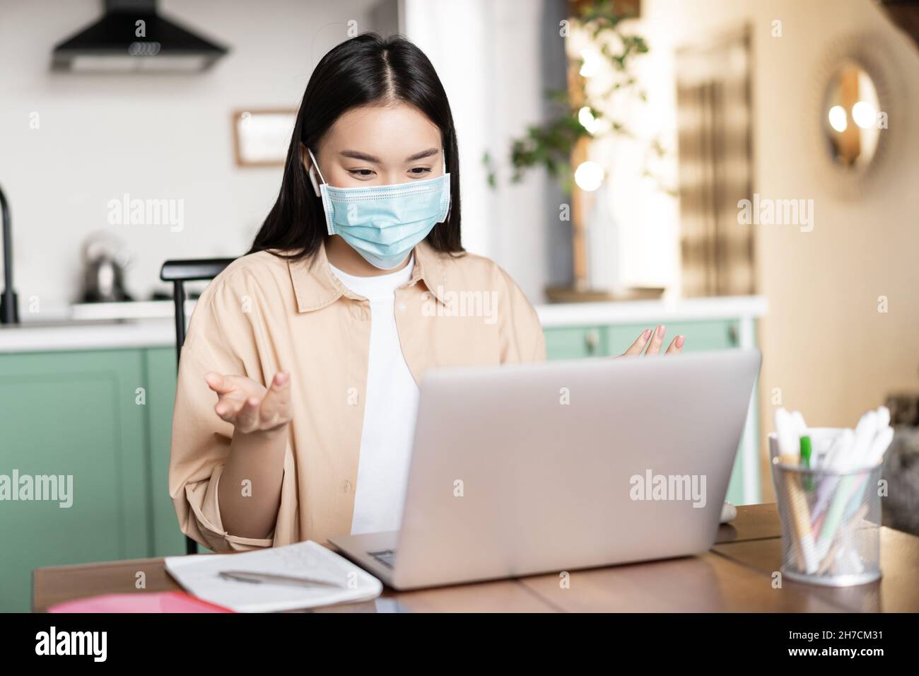 Young asian woman, student talking on video conference, attend lecture ...