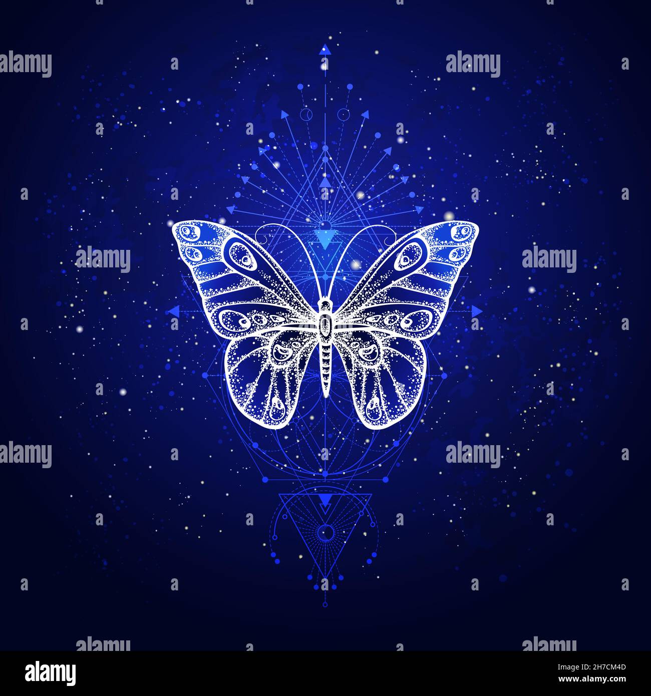 Vector illustration with hand drawn butterfly and Sacred geometric ...