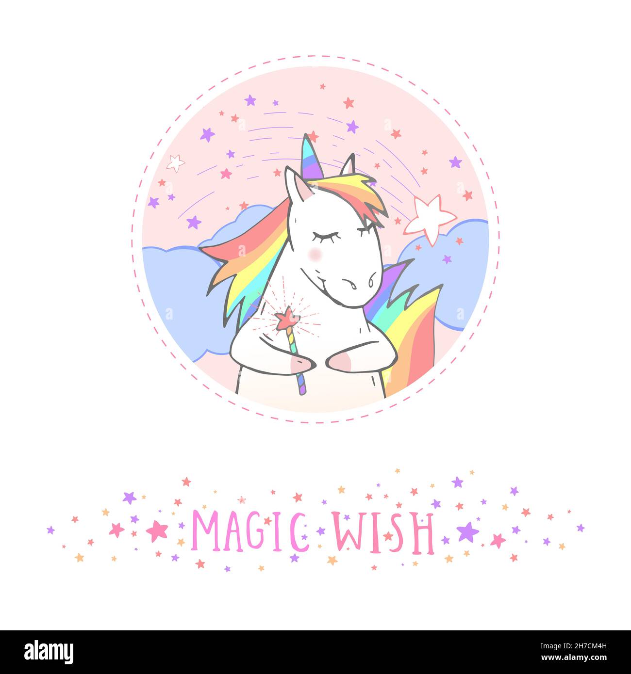 Vector sticker or icon with hand drawn cute unicorn,magic wand and text ...